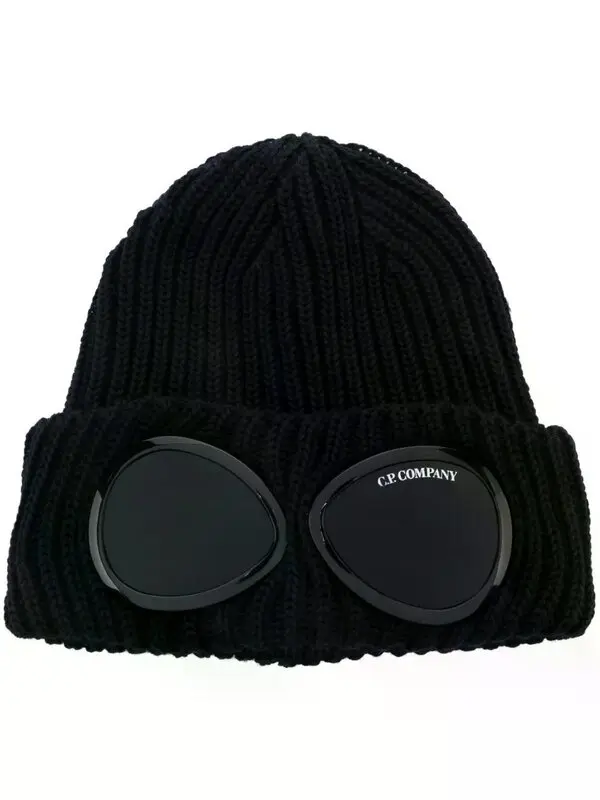 C.P. COMPANY Goggles Detail Ribbed Wool Beanie - Blue