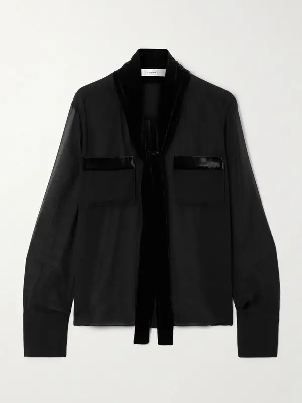 FRAME Pussy-bow Velvet-trimmed Silk-chiffon Blouse