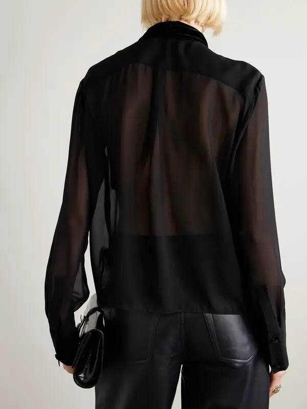 FRAME Pussy-bow Velvet-trimmed Silk-chiffon Blouse