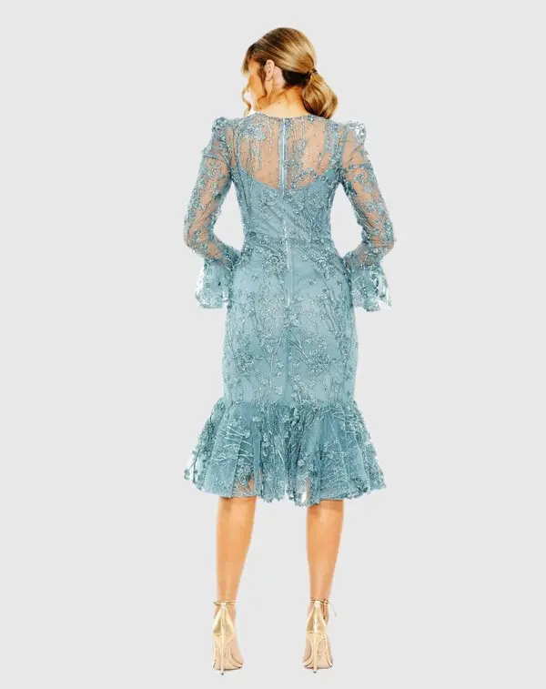 Mac Duggal Embellished High Neck Midi Dress With Ruffle Wrist - Blue |  Editorialist