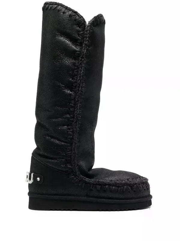 Mou Knee-high Rhinestone Logo Boots - Black