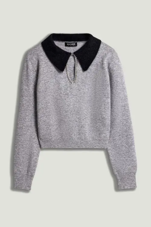 NOCTURNE Contrast Collar Keyhole Knit Sweater