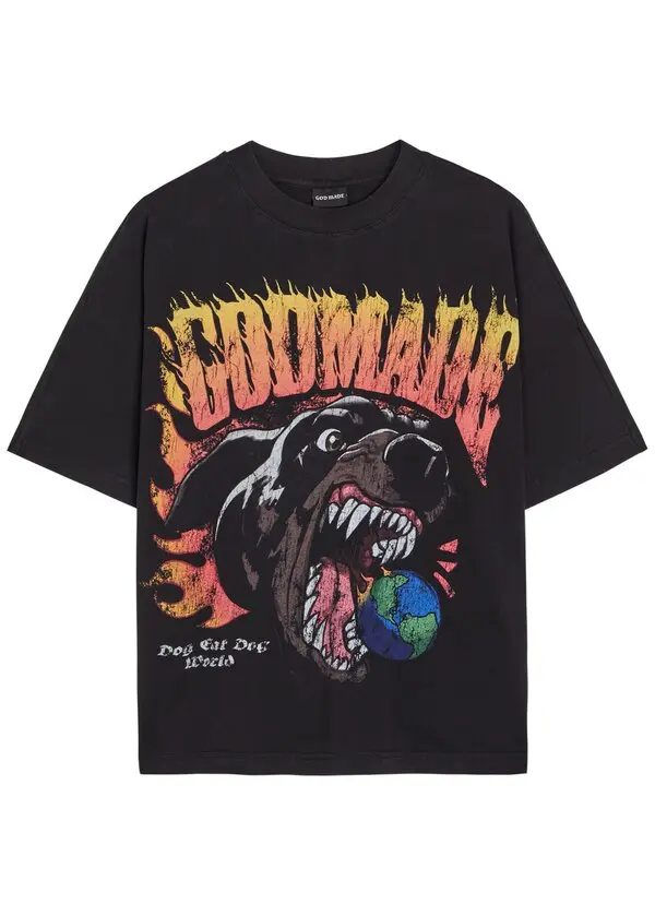 GOD MADE Dog World Printed Cotton T-shirt - Black