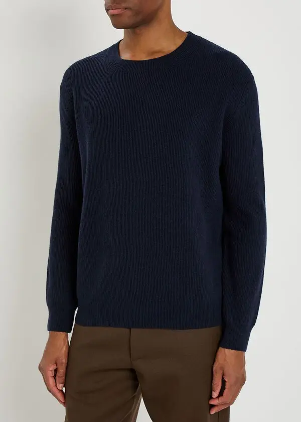 LARDINI Ribbed Wool And Cashmere-blend Jumper - Navy
