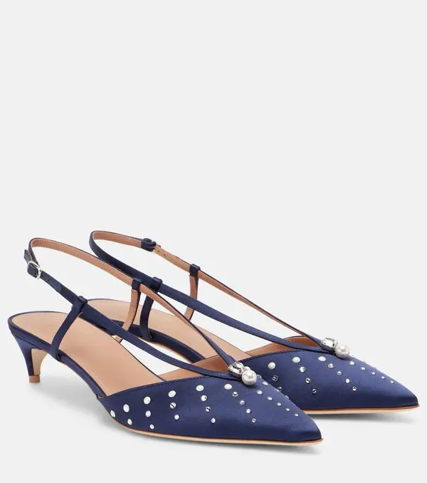 MALONE SOULIERS Moore 40 Embellished Satin Slingback Pumps - Blue