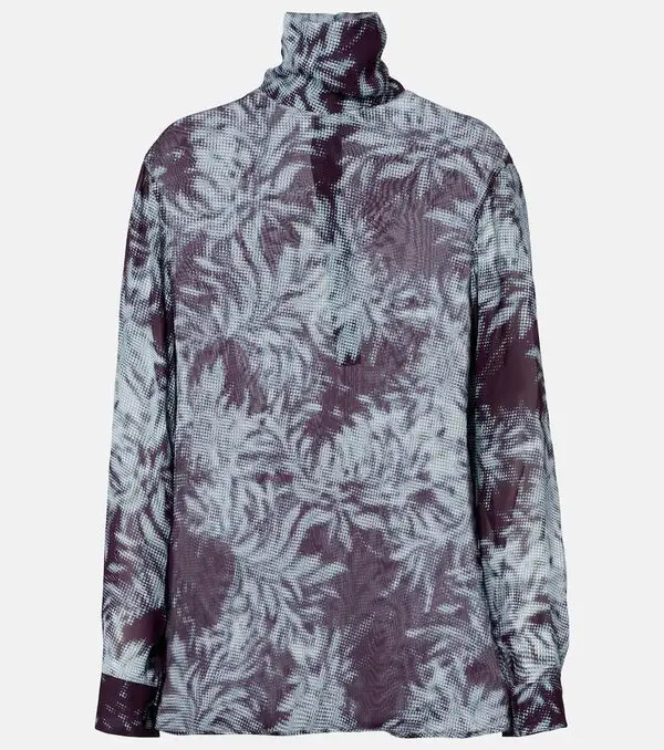 Dries Van Noten Printed Sheer Chiffon Turtleneck Top
