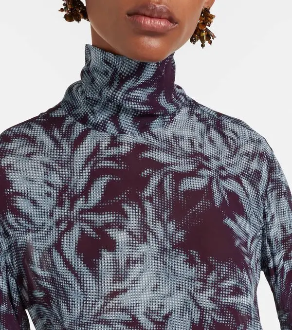 Dries Van Noten Printed Sheer Chiffon Turtleneck Top