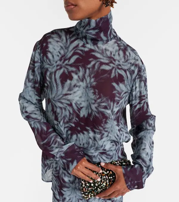 Dries Van Noten Printed Sheer Chiffon Turtleneck Top