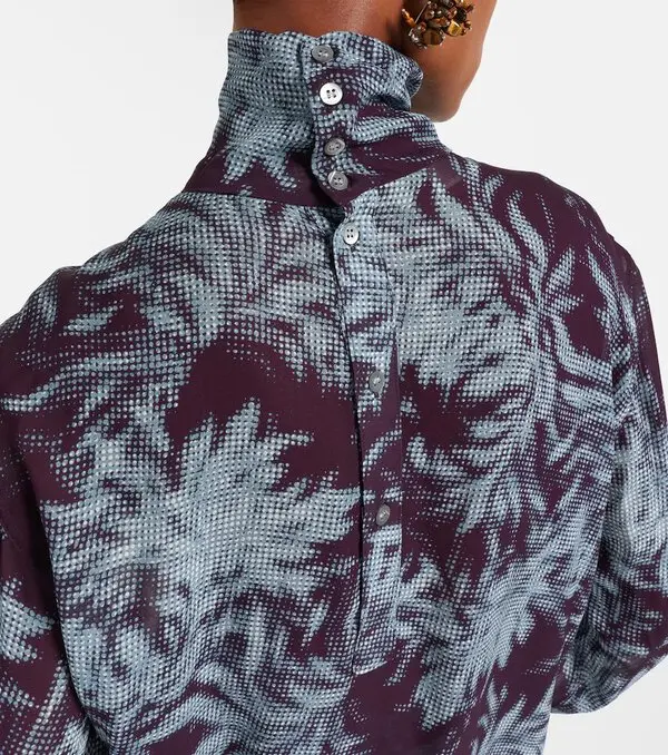 Dries Van Noten Printed Sheer Chiffon Turtleneck Top