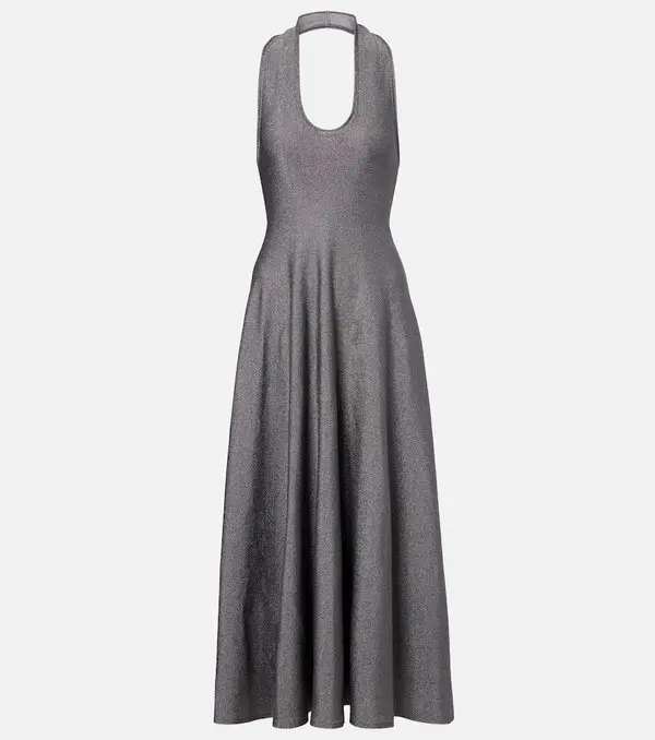 Khaite Melina Halterneck Lamé Midi Dress In Gunmetal - Silver