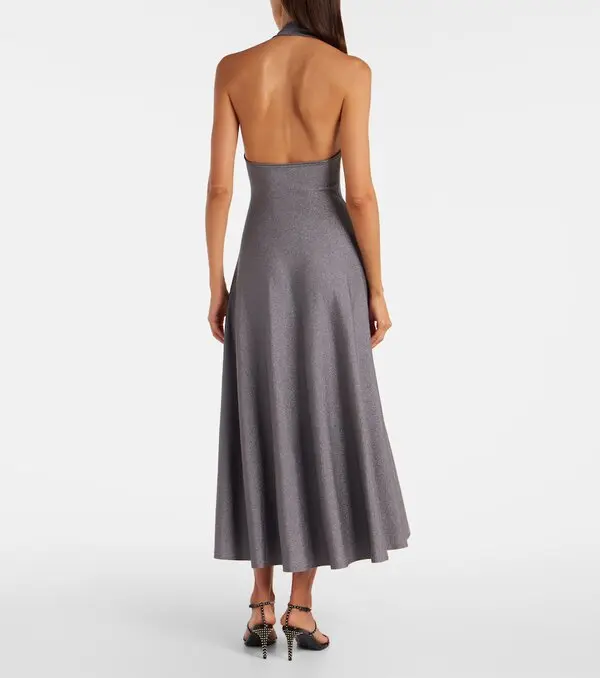 Khaite Melina Halterneck Lamé Midi Dress In Gunmetal - Silver