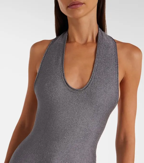 Khaite Melina Halterneck Lamé Midi Dress In Gunmetal - Silver