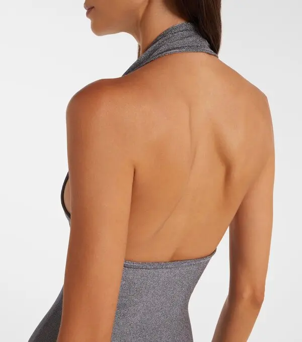 Khaite Melina Halterneck Lamé Midi Dress In Gunmetal - Silver