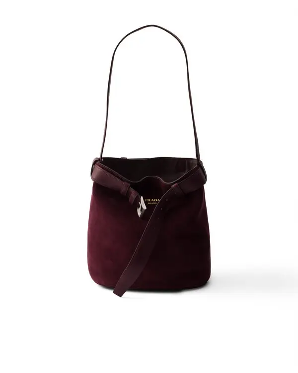 Prada Buckle Belted Suede Bucket Bag - Red