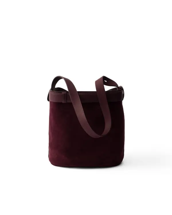 Prada Buckle Belted Suede Bucket Bag - Red