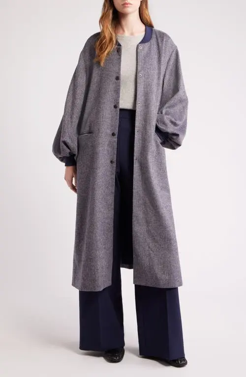 Dra Cameron Balloon Sleeve Wool Blend Long Coat - Navy Check