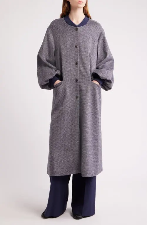 Dra Cameron Balloon Sleeve Wool Blend Long Coat - Navy Check