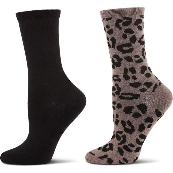 MEMOI 2-pack Leopard Crew Socks - Brown Heather