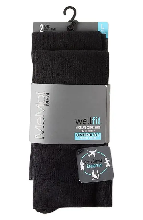 MEMOI 2-pack Wellfit Cushioned Cotton-blend Graduated Compression Knee High Socks - Black-black