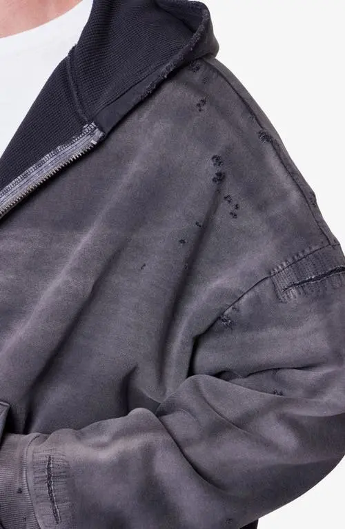 Mnml Distressed Thermal Lined Zip Hoodie - Black