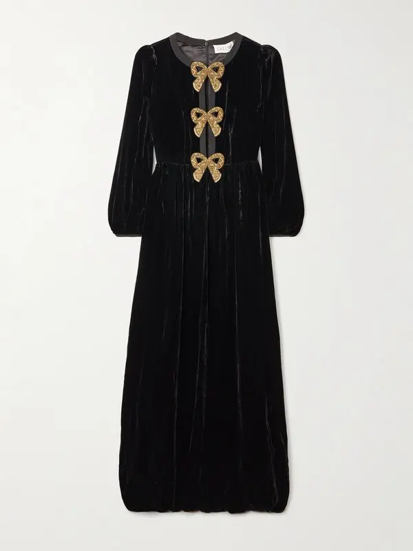 slim fit dress slacks Camille Velvet Embellished Bows Long Dress in Burgundy