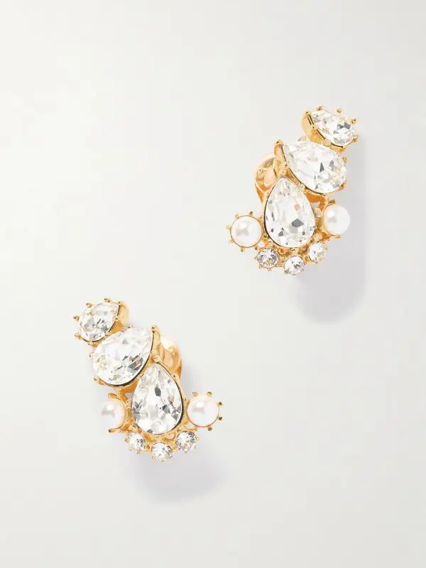 Oscar De La Renta Crystal And Faux Pearl Clip-on Earrings - Gold