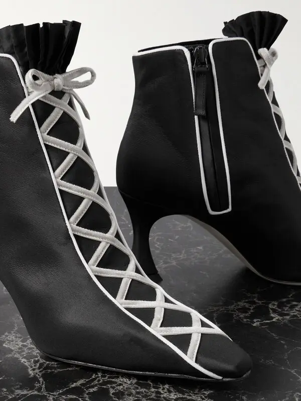Manolo Blahnik Nolhac 70 Ruffled Velvet-trimmed Silk Ankle Boots