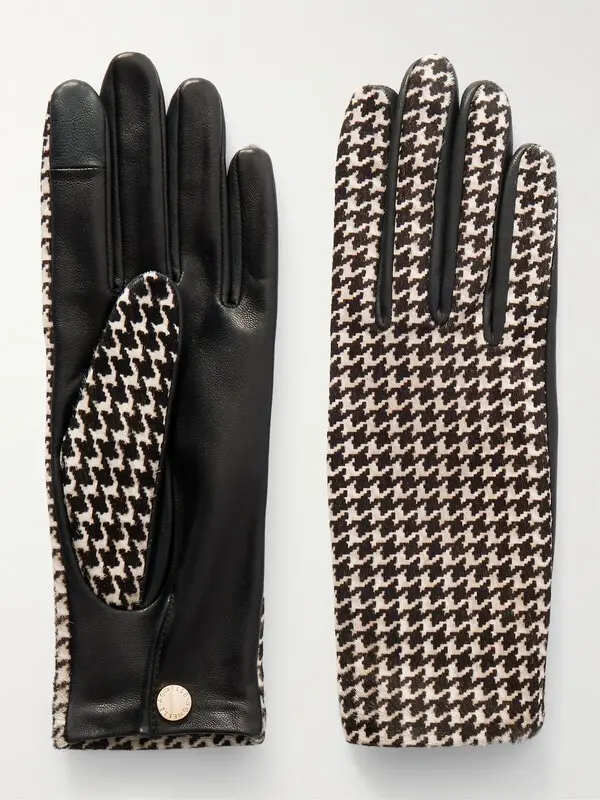 AGNELLE Susan Houndstooth Calf Hair And Leather Gloves - Neutrals