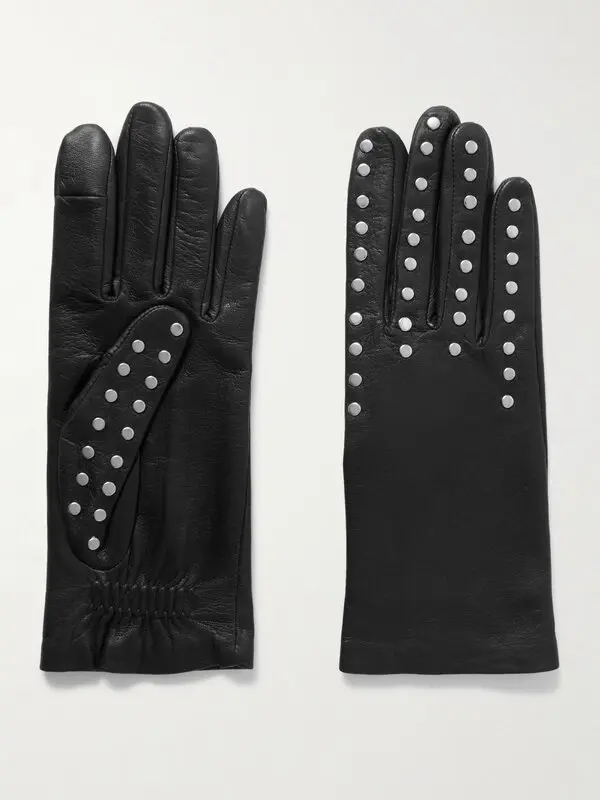 AGNELLE Studded Leather Gloves - Black