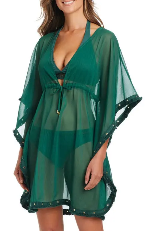 BLEU BY ROD BEATTIE Fringe Trim Sheer Cover-up Caftan - Emerald Grove