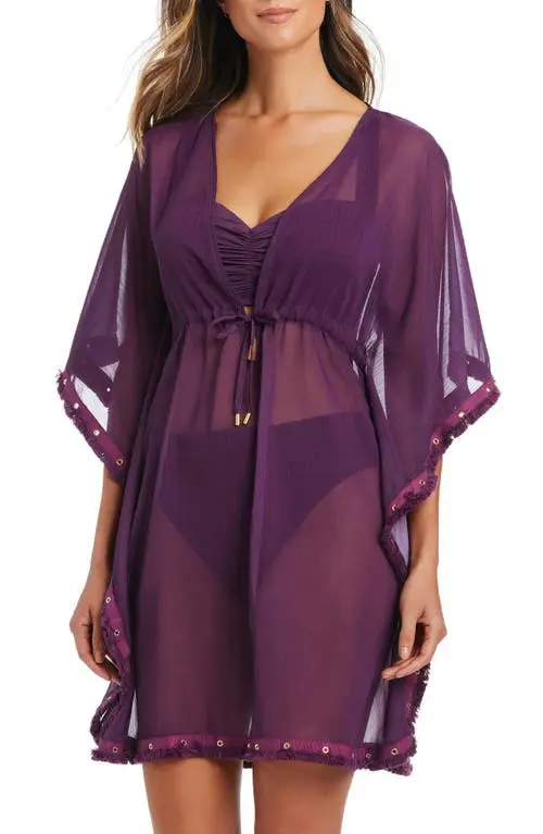 BLEU BY ROD BEATTIE Fringe Trim Sheer Cover-up Caftan - Grenache