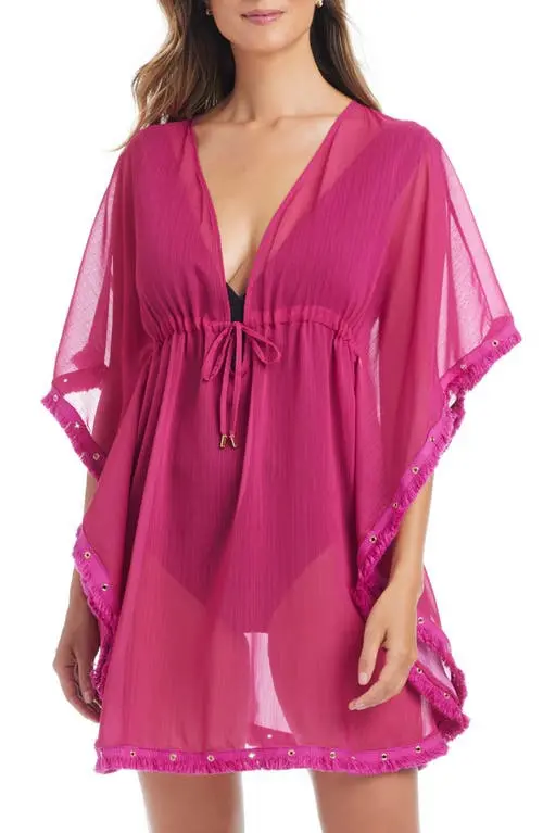 ROD BEATTIE Fringe Trim Sheer Cover-up Caftan - Pink Punch