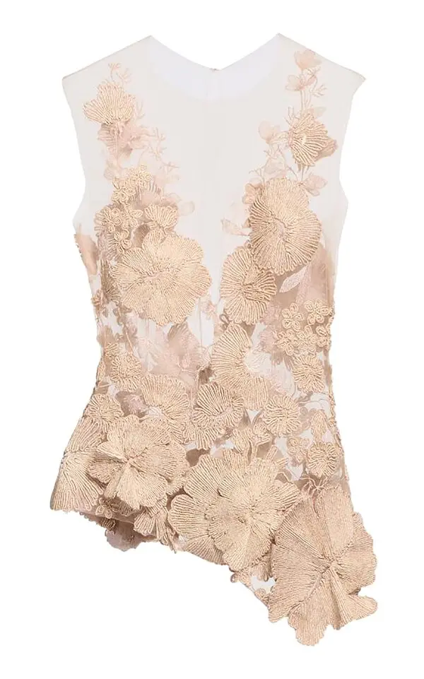 Elie Saab Rafia Embroidery Tulle Top - Tan