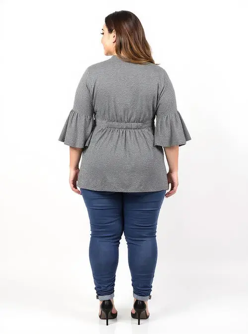 24SEVEN COMFORT APPAREL Tie-front Bell Sleeve Cardigan - Smoke