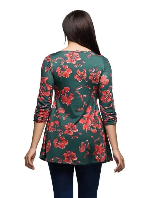 24SEVEN COMFORT APPAREL Floral Print Three Quarter Sleeve Tunic Top