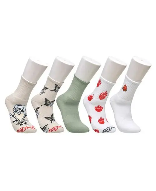 Ed Hardy Fashion Full Cushion Mid Crew Sock 5-pack - White Multi