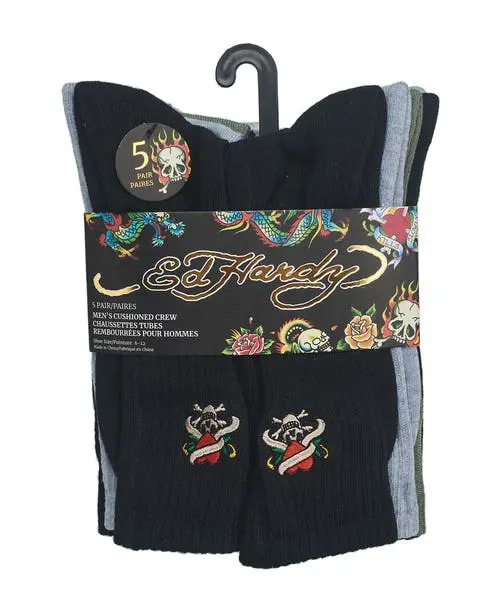 Ed Hardy Embroidered Half Cushion Crew Socks 5-pack