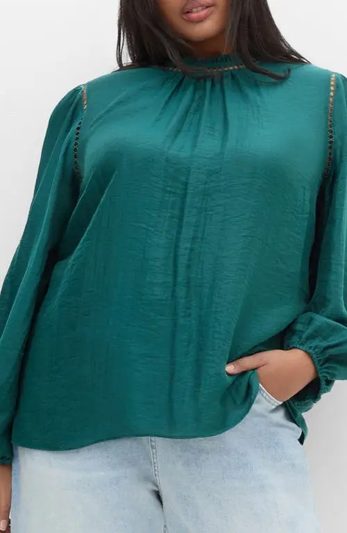 City Chic Lorelai Open Stitch Satin Top - Emerald