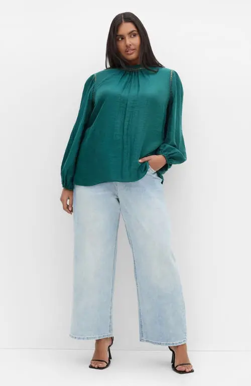 City Chic Lorelai Open Stitch Satin Top - Emerald