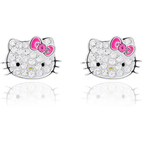 HELLO KITTY Silver Plated Stud Earrings - White/ Pink