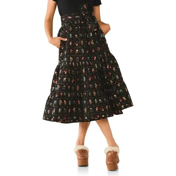 EDDY Quilted Floral Print Midi Skirt With Sash Waist Tie