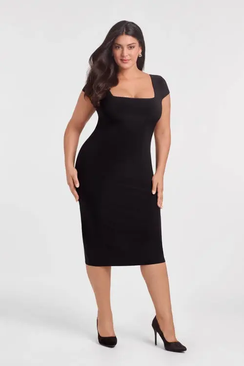 S3 APPAREL Sculpting Shapewear Square Neck Midi Dress - Onyx Black