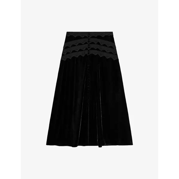 The Kooples Stretch-velvet Skirt With Braided Lace Detail