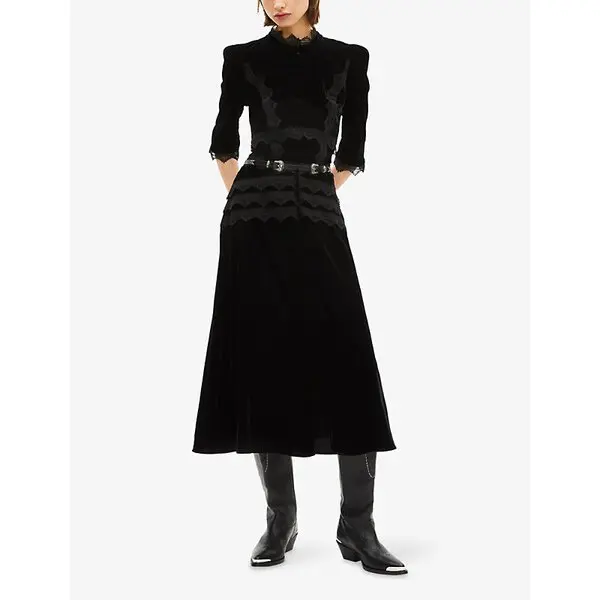 The Kooples Stretch-velvet Skirt With Braided Lace Detail