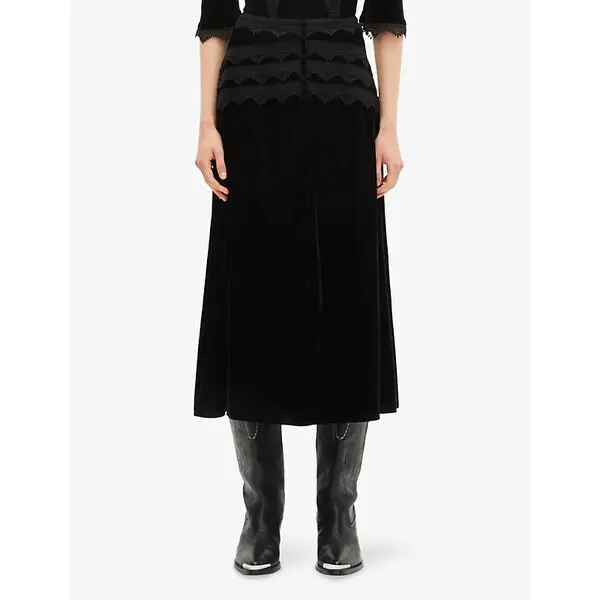 The Kooples Stretch-velvet Skirt With Braided Lace Detail
