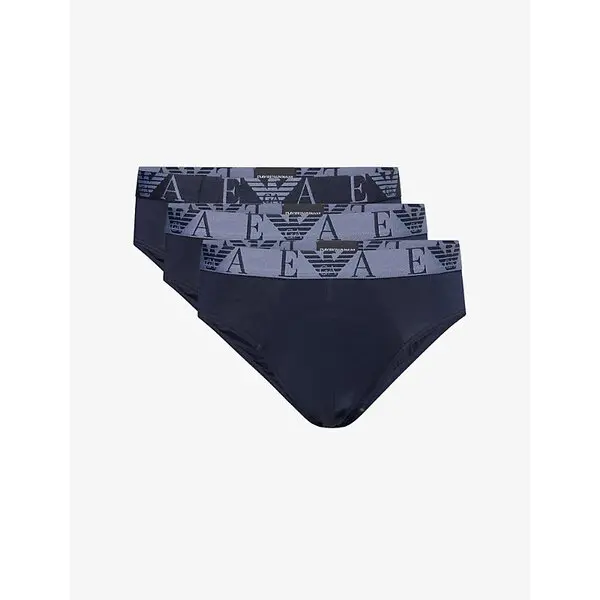 Emporio Armani Branded Mid-rise Pack Of Three Stretch-cotton Briefs - Blue/blue/blue
