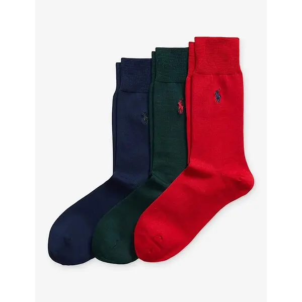 Ralph Lauren Logo-embroidered Socks Pack Of Three - Red/navy/hunter