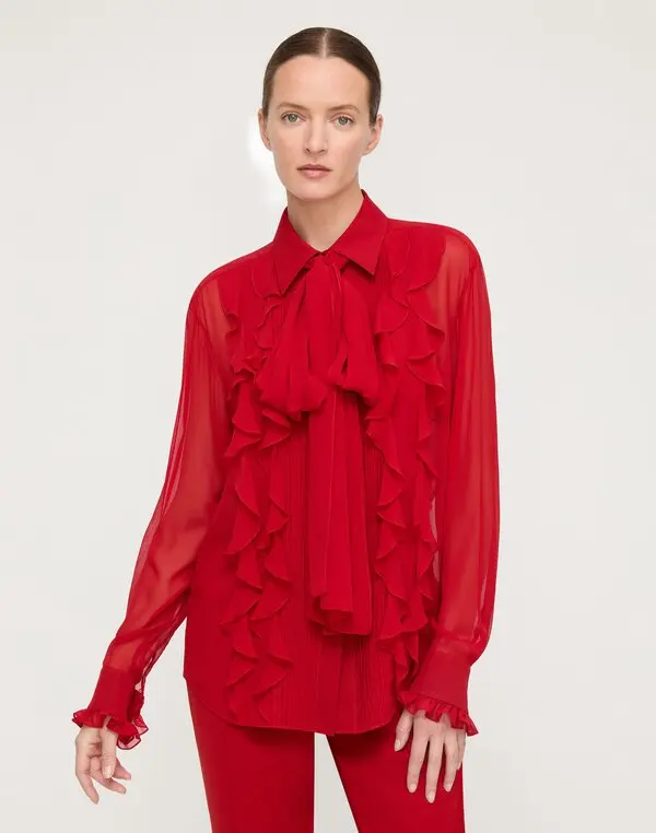 Lafayette 148 New York Silk Georgette Ruffle Tie Neck Blouse