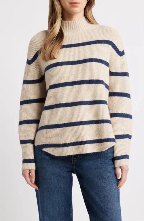 Caslon Shirttail Mock Neck Sweater - Tan Doeskin- Navy Luz Stripe