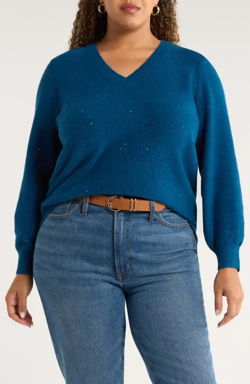 Caslon Sequin V-neck Sweater - Blue Poseidon